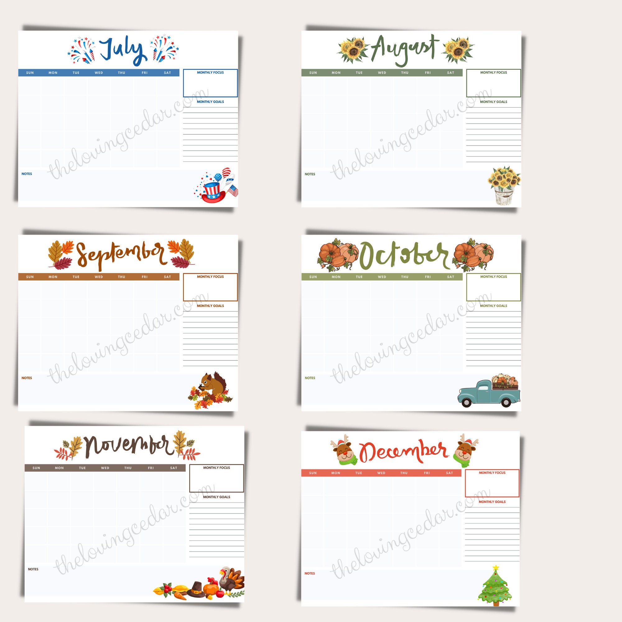 Fun PRINTABLE PDF Monthly Calendar Templates | Any Year | 12 X 12 and ...