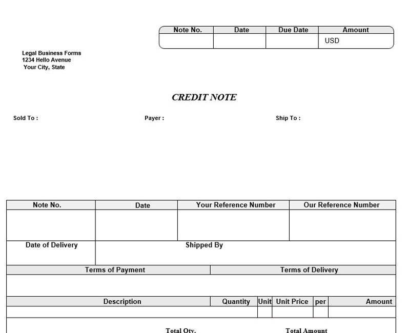 Credit Note Template Download Document - Etsy