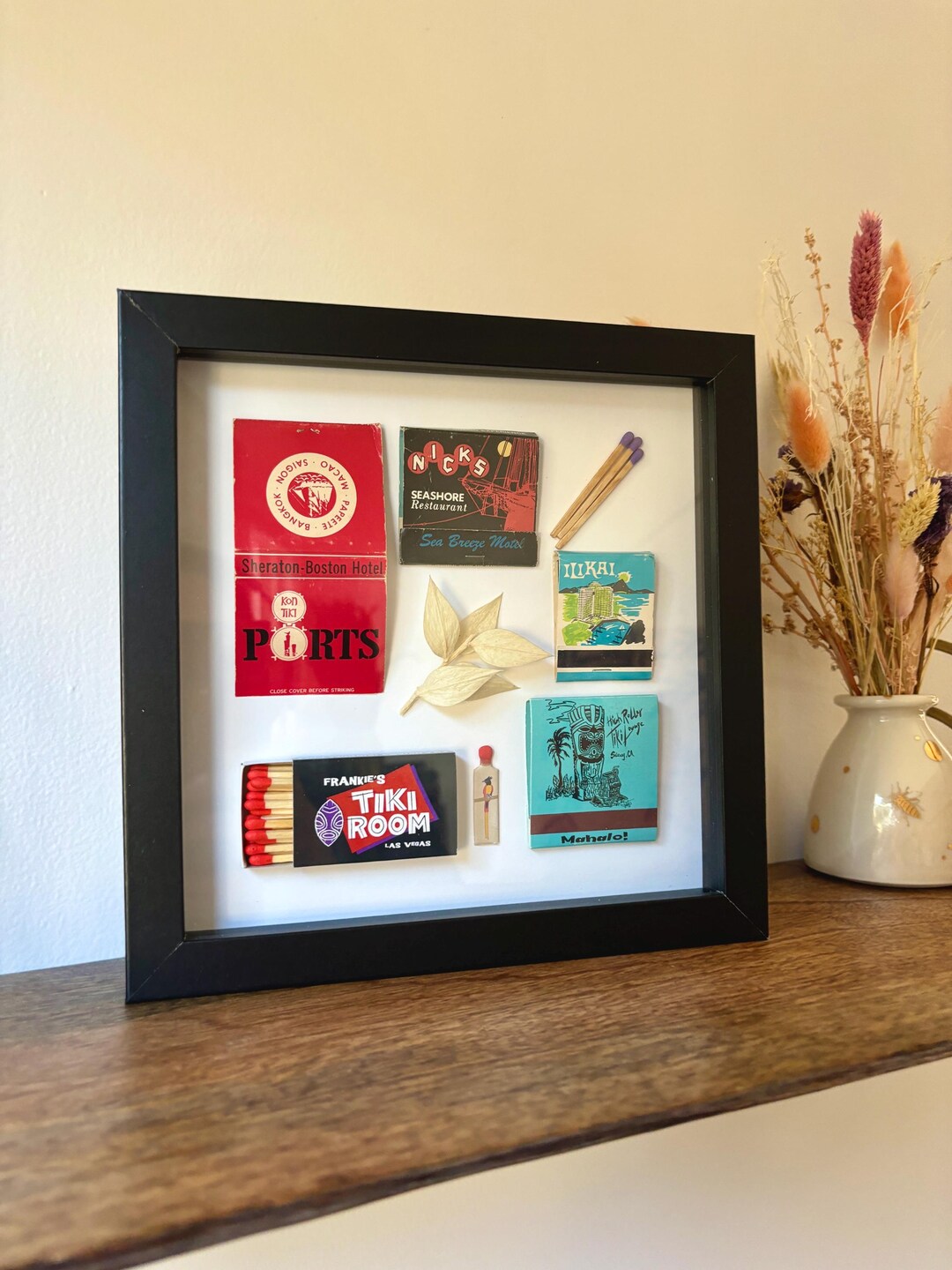 Tiki Bar-themed Shadowbox Art – Vintage Matchbooks, Bird Design & Dried ...