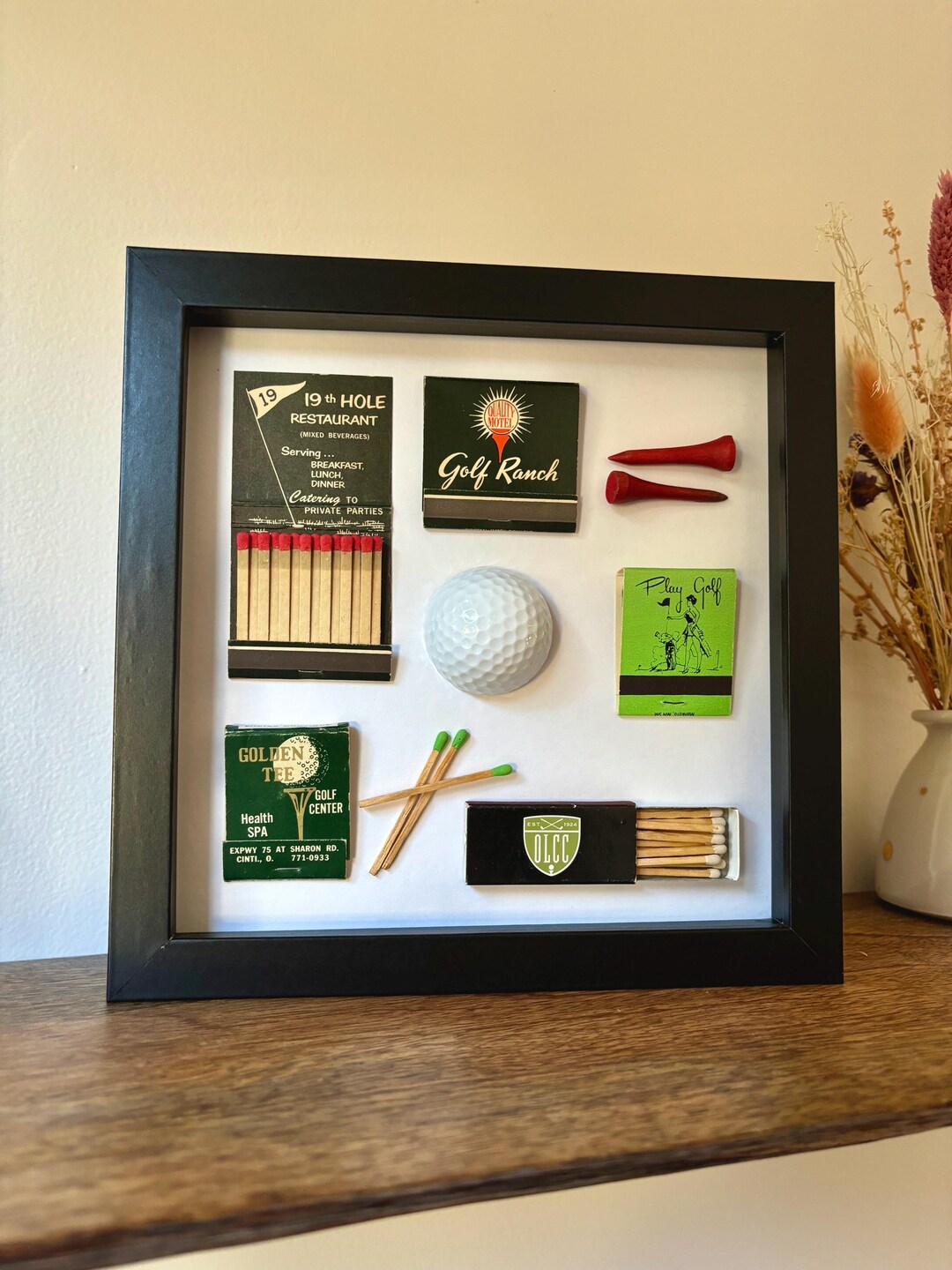 Vintage Golf-themed Shadowbox Art With 3D Golf Ball, Matchbooks & Tees ...