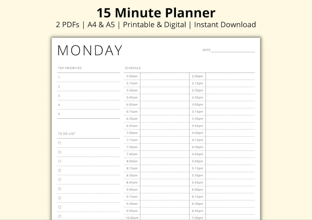 15 Minute Planner Daily Time Block Planner Printable - Etsy