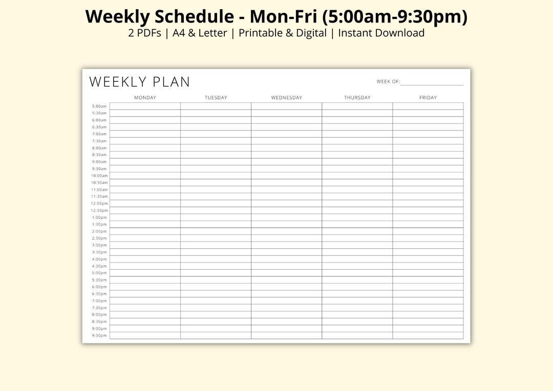Weekly Schedule, 5 Day Time Block Planner, 30 Minute Interval, Week at ...