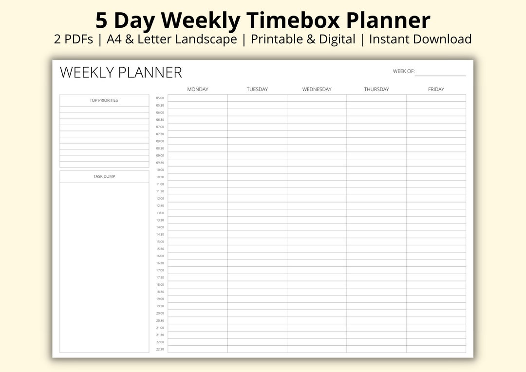Five Day Weekly Timebox Planner, Weekly Time Blocking Template, Half ...