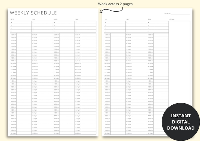Weekly Schedule, 7 Day Weekly Planner, Timetable Sheet, 30 Minute ...