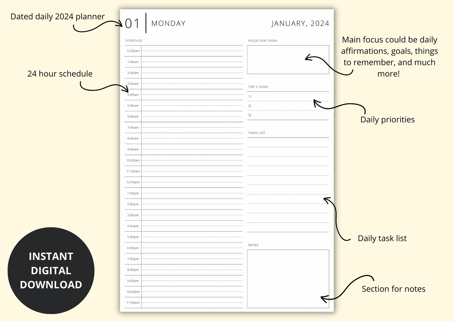 2024 Daily Planner, 2024 Calendar Printable, 24 Hour Schedule, 30 ...