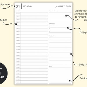 2024 Daily Planner, 2024 Calendar Printable, 24 Hour Schedule, 30 ...