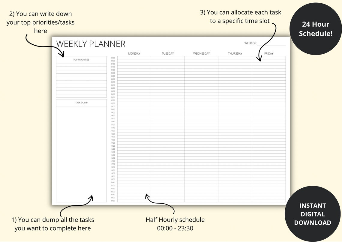 Weekly Timebox Planner, 5 Day Time Blocking Template, 24 Hour Timetable ...