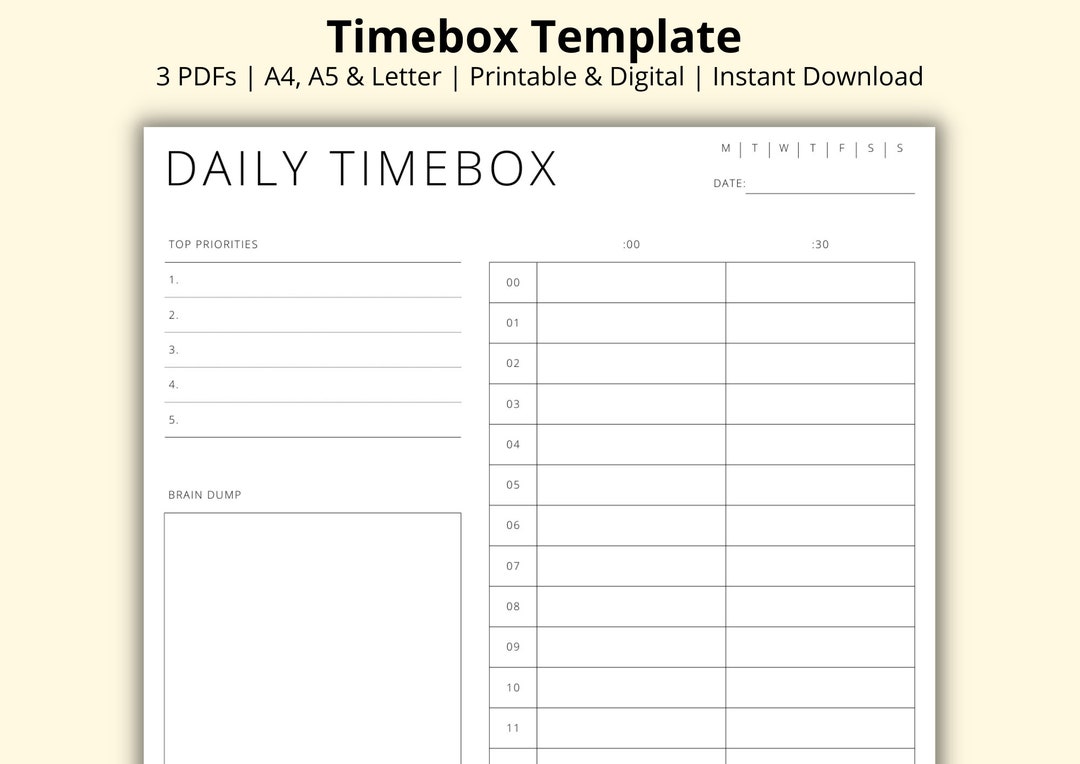 Timebox Template, 24 Hour Daily Schedule, Time Blocking, 30 Minute ...
