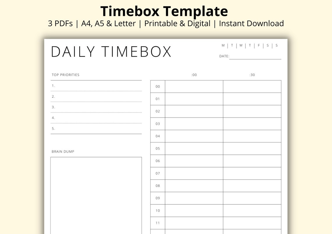 Timebox Template, 24 Hour Daily Schedule, Time Blocking, 30 Minute ...
