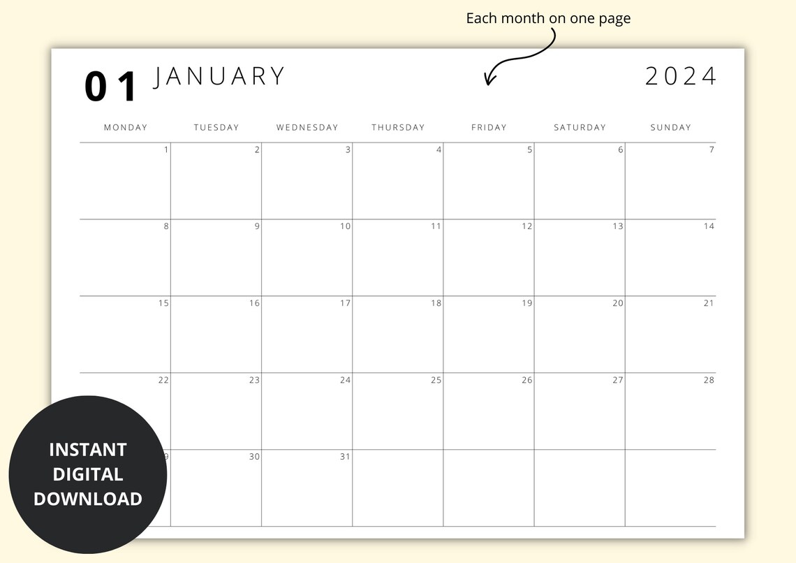2024 Calendar, Monthly Calendar Printable, Month at a Glance, Monthly ...