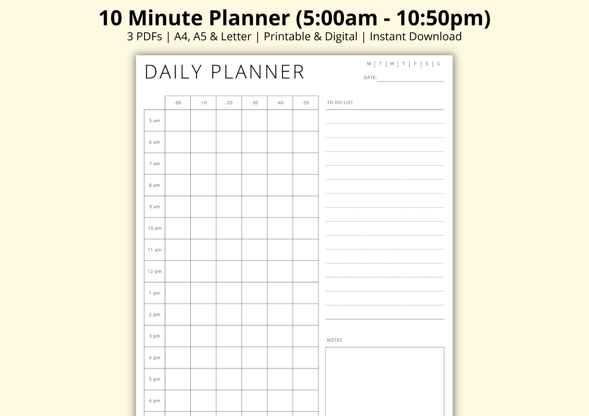 10 Minute Planner, Time Blocking Template, 10 Minute Increments, Daily ...