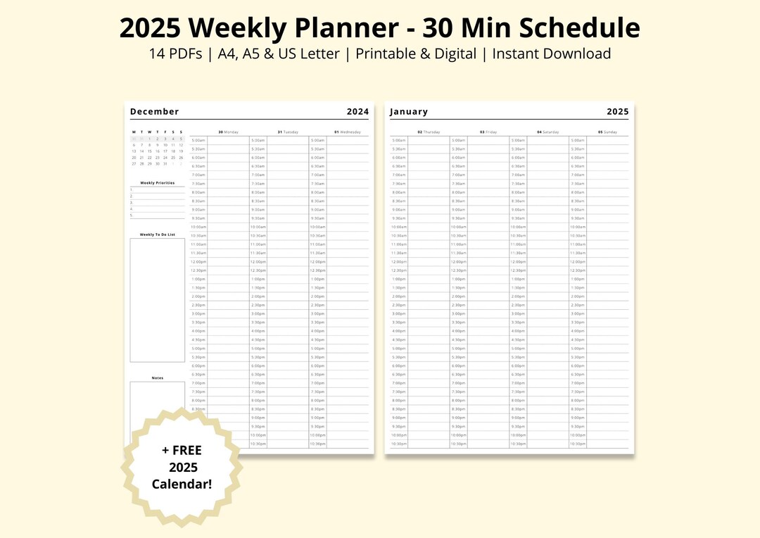 2025 DATED Weekly Planner Printable, 2025 Calendar PDF, 2025 Annual Planner, 2025 Digital Diary ...