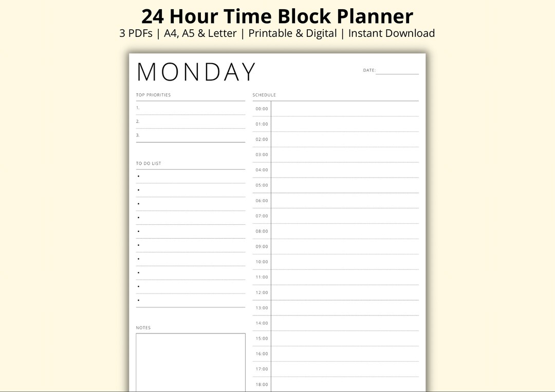 24 Hour Time Block Planner Template, Daily Schedule, 7 Day Hourly ...