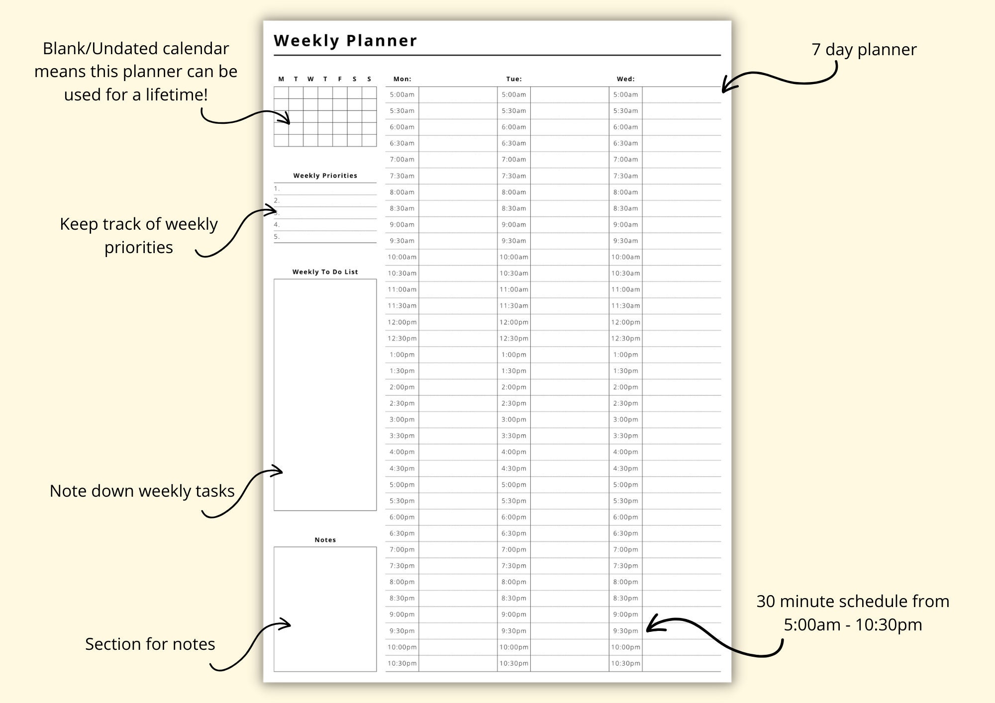 30 Minute Weekly Schedule, 7 Day Timetable Sheet, 30 Minute Time ...