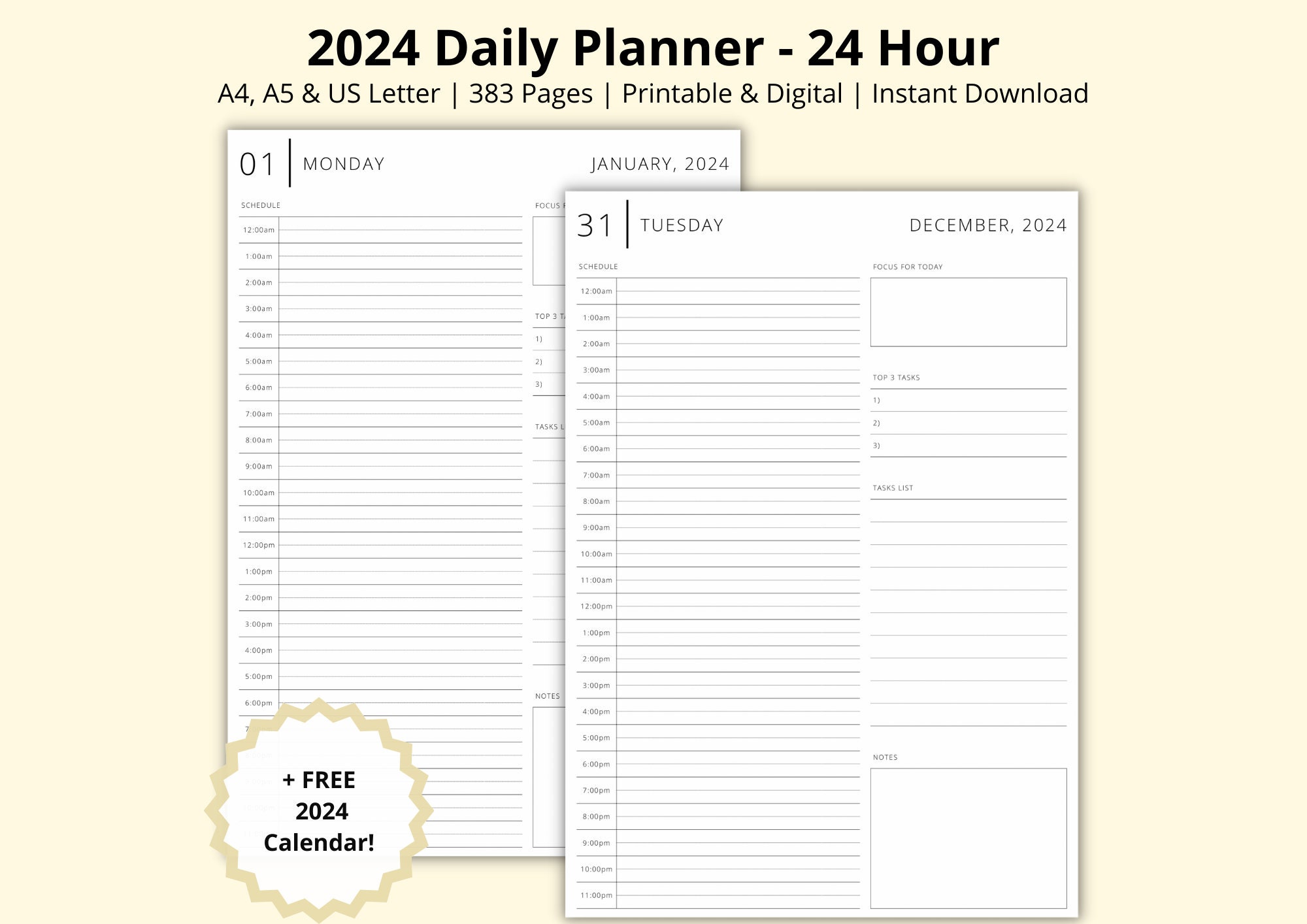 2024 Daily Planner, 2024 Calendar Printable, 24 Hour Schedule, 30 ...