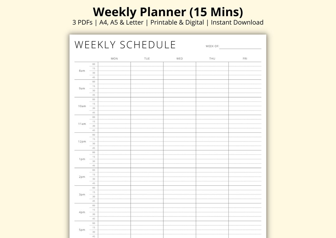 Weekly Planner, 15 Minute Planner PDF, 5 Day Weekly Schedule, Study ...