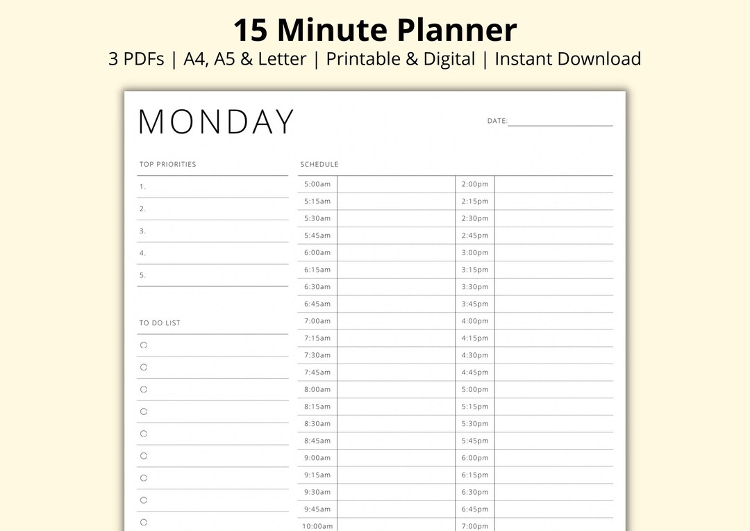 15 Minute Planner Daily Time Block Printable Appointment - Etsy