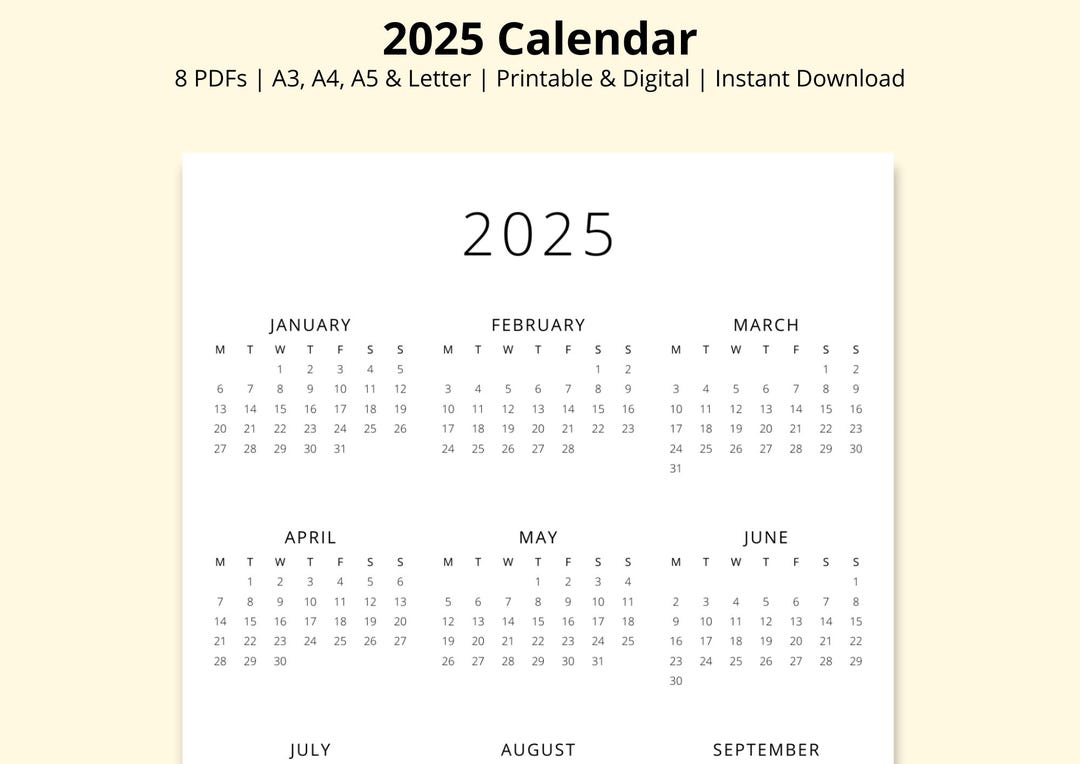 2025 Calendar, Simple Yearly Calendar, Printable Portrait Calendar ...