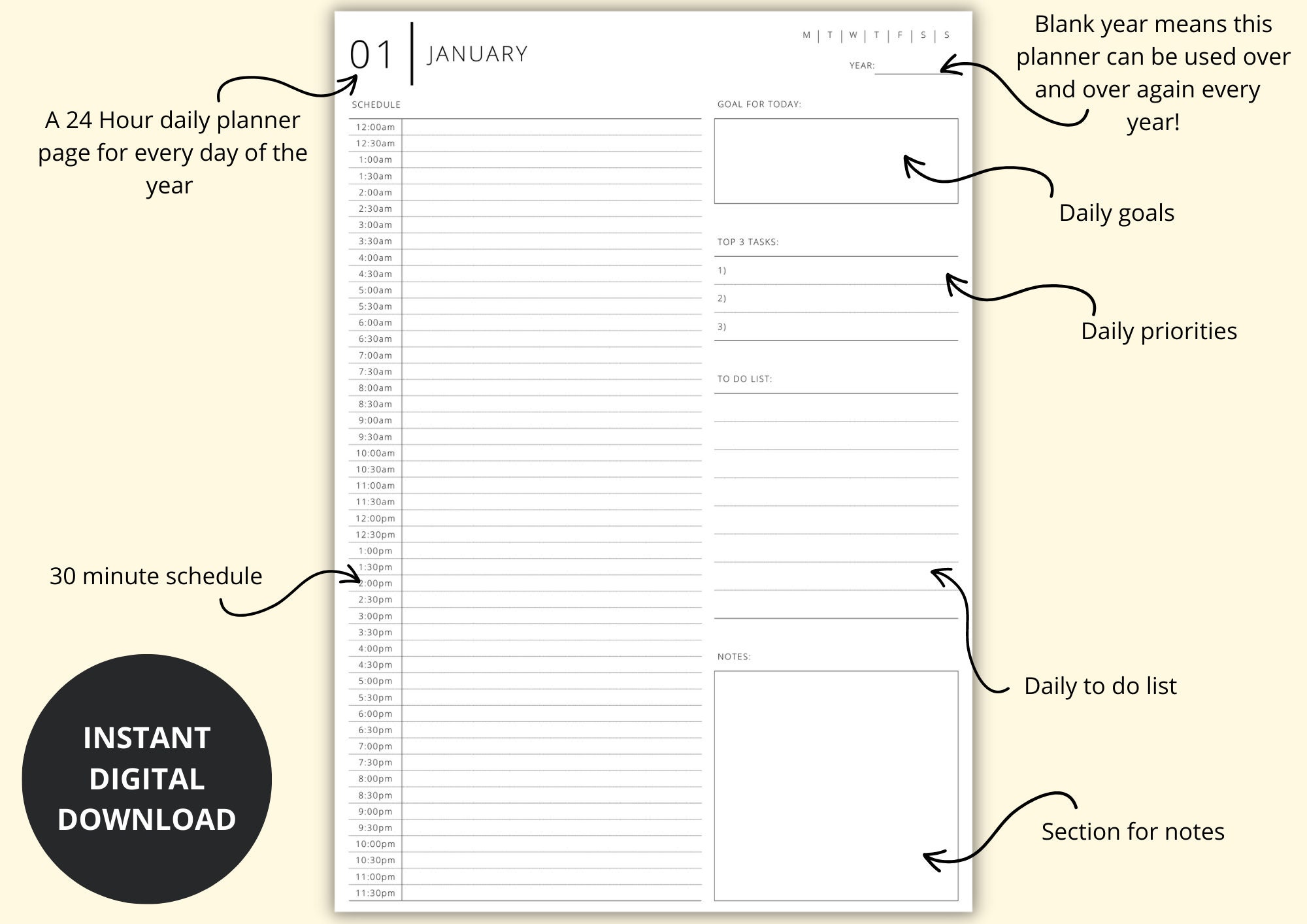 24 Hour Daily Planner Pages, 365 Planner, 30 Minute Schedule, Time ...