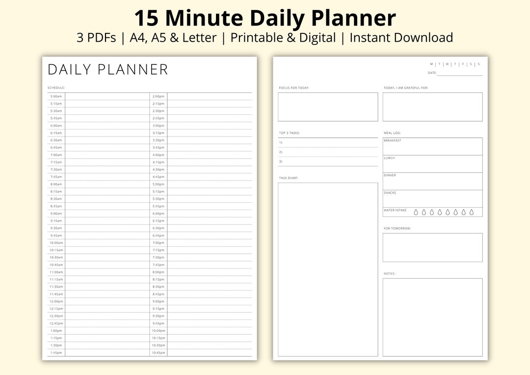 15 Minute Daily Planner Printable Time Blocking Template Day - Etsy