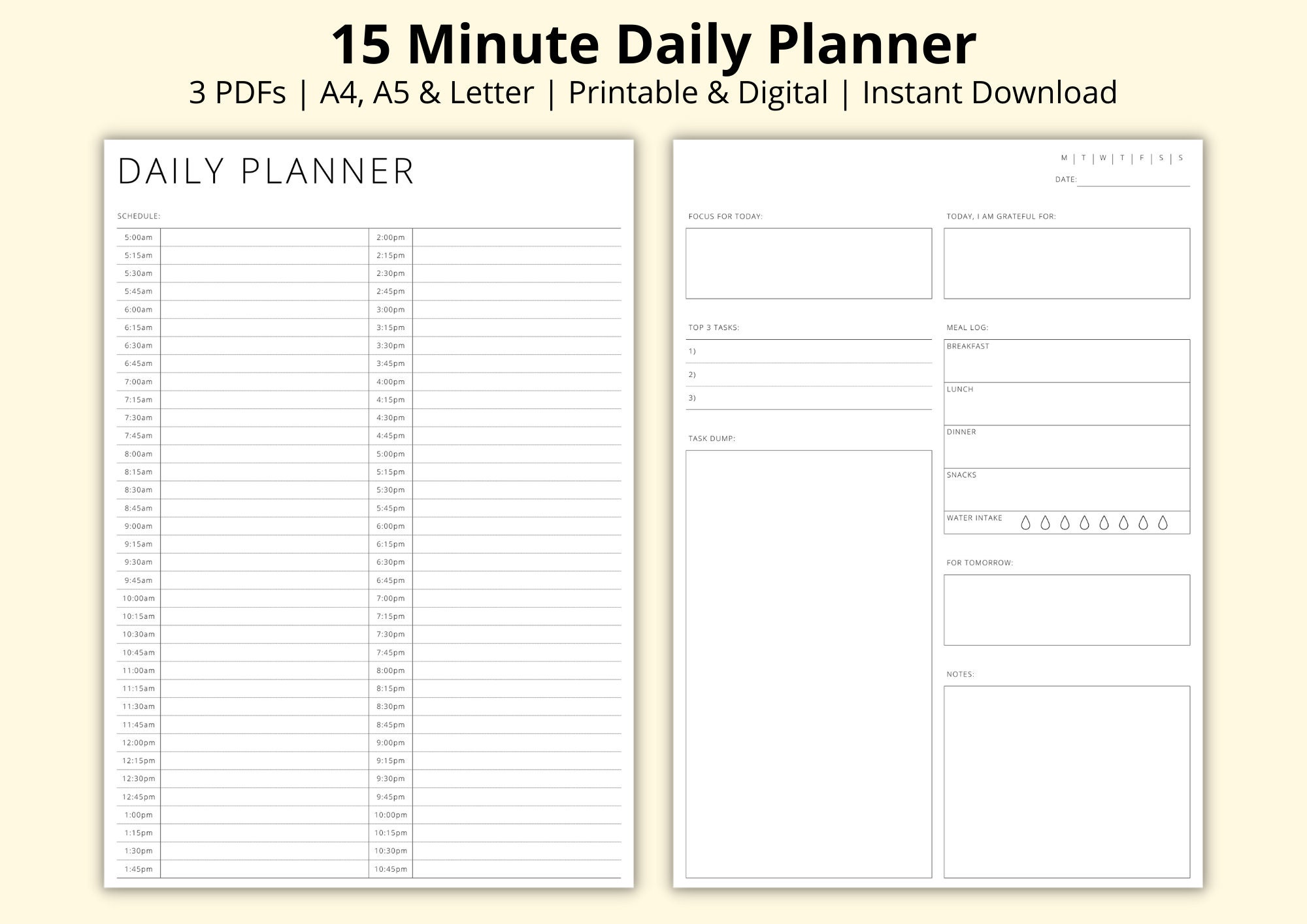15 Minute Daily Planner Printable Time Blocking Template Day - Etsy