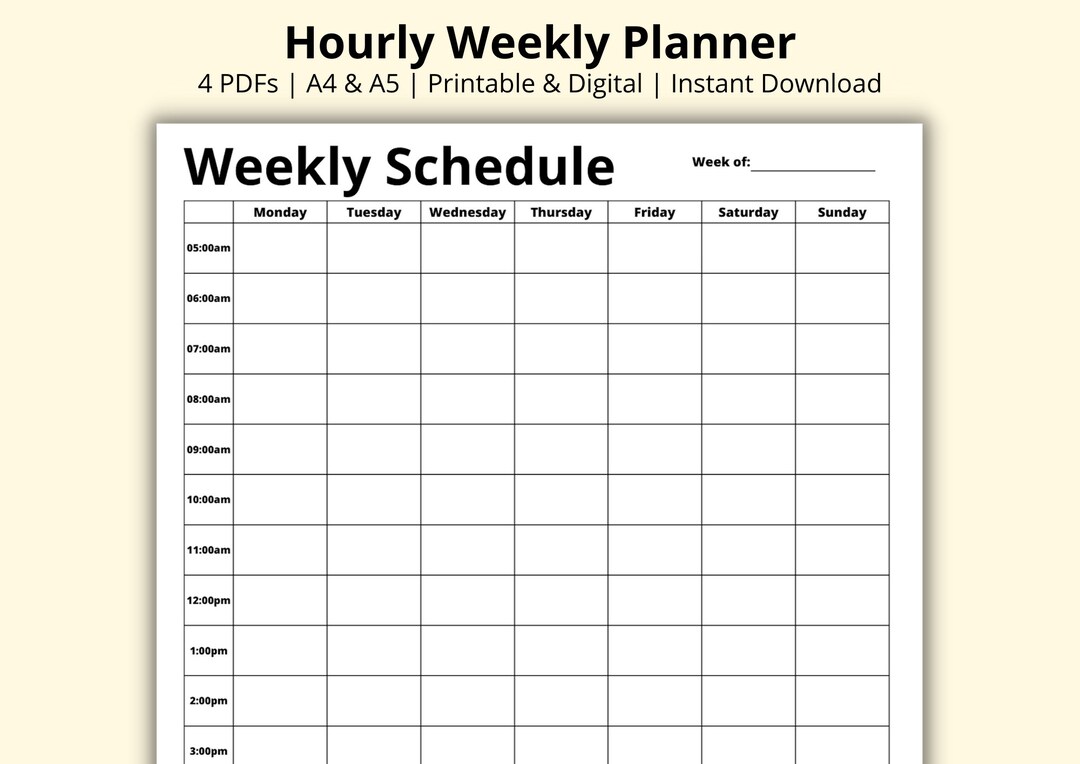 Hourly Weekly Planner 7 Day Timetable Week at a Glance - Etsy