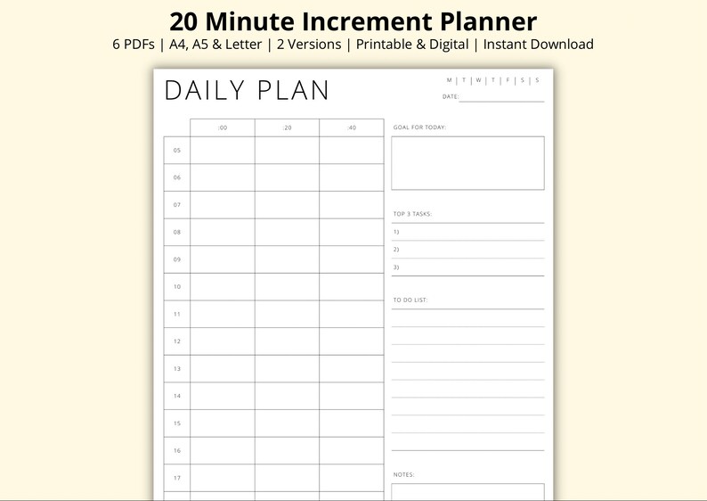 20 Minute Increment Planner, Schedule Template, Time Blocking PDF ...
