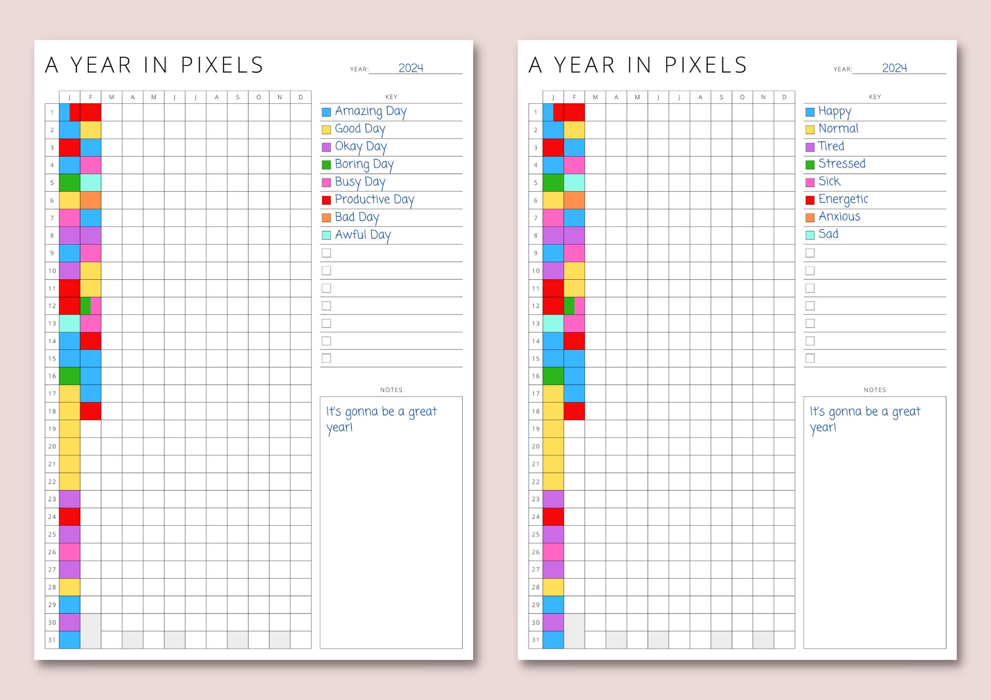 A Year in Pixels, Yearly Mood Tracker PDF, Habit Tracker Sheet, Yearly ...