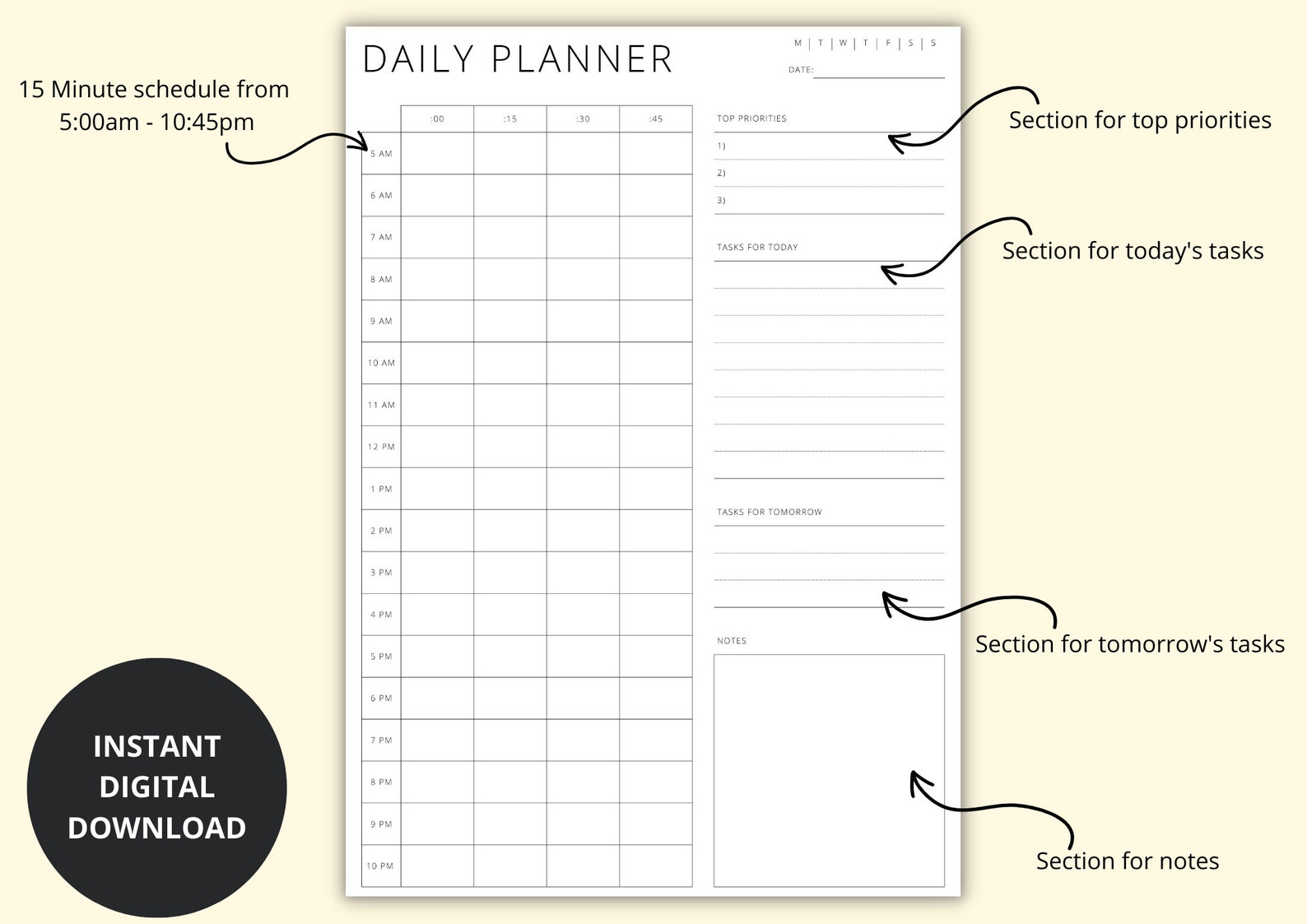 15 Minute Planner, Printable Daily Planner, Time Blocking, Day Schedule ...
