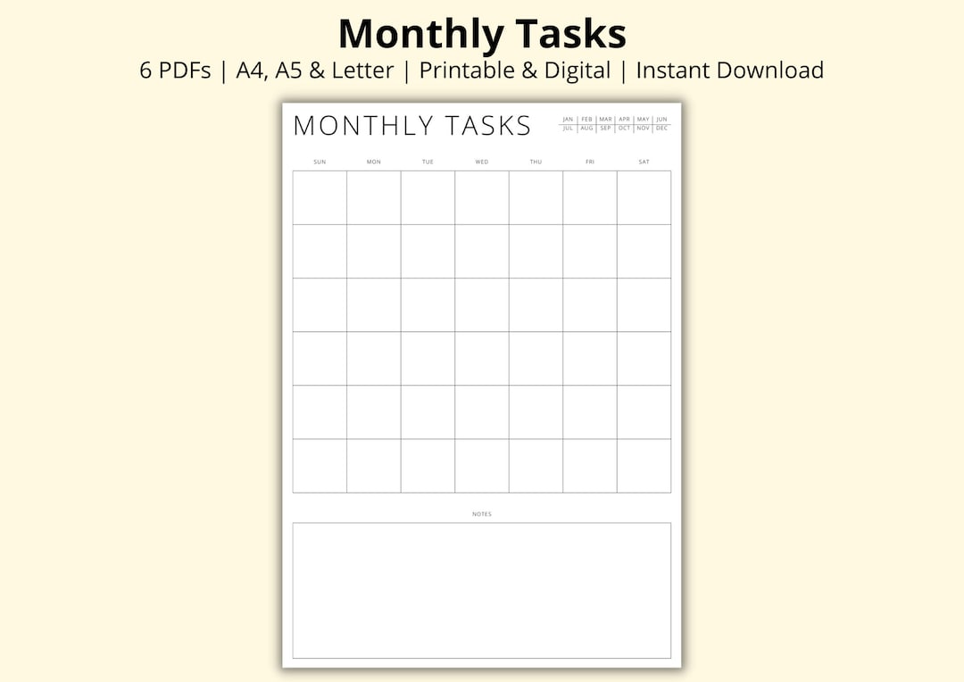Monthly Tasks Printable, Monthly Planner Template, Blank Calendar Pages ...