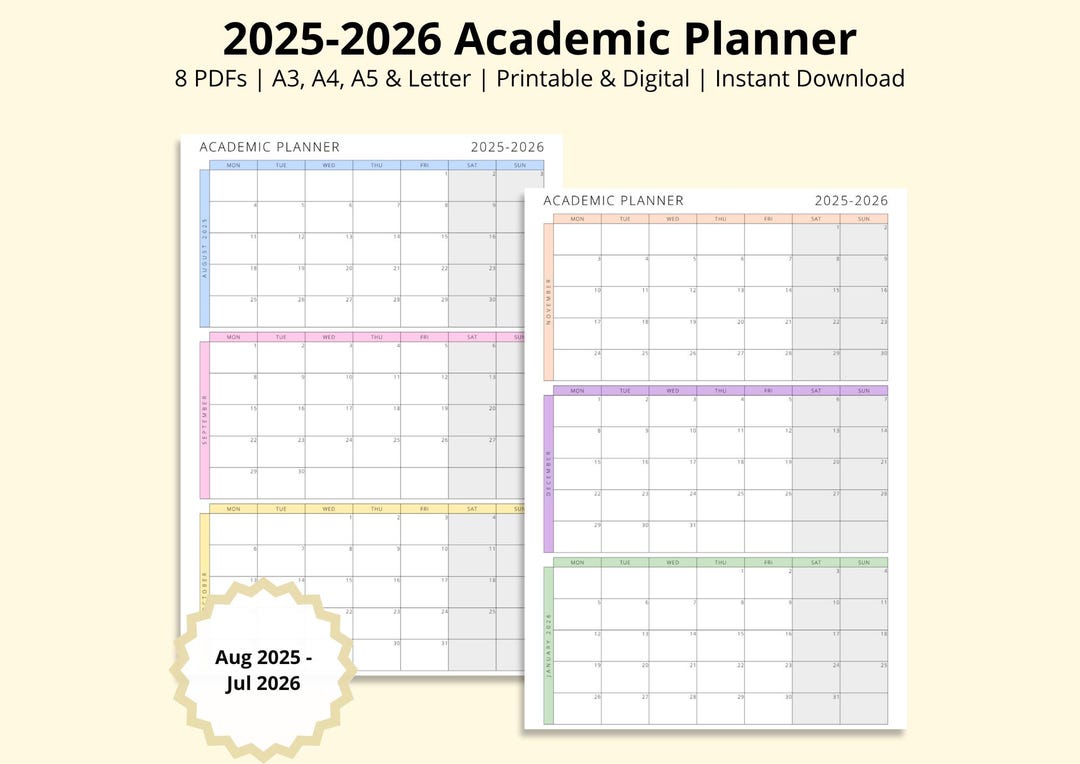 2025 2026 Academic Planner, 3 Months per Page, Academic Year, 12 Month ...