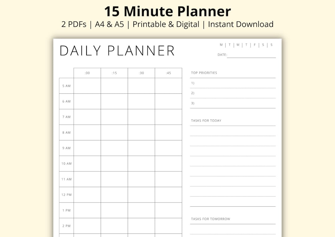 15 Minute Planner Printable Daily Planner Time Blocking PDF - Etsy