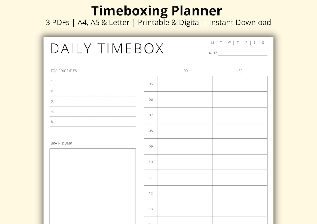 Timeboxing Planner, Daily Timebox Template, Time Blocking PDF, Brain ...