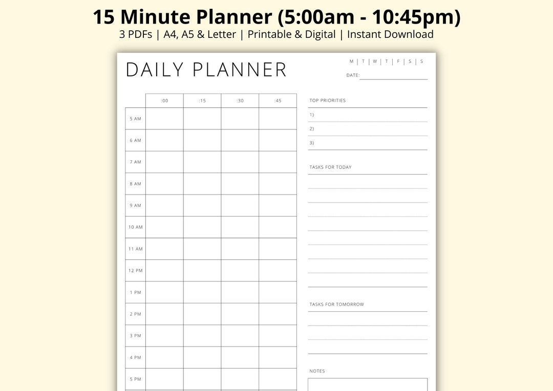 15 Minute Planner, Printable Daily Planner, Time Blocking, Day Schedule ...
