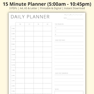 15 Minute Planner, Printable Daily Planner, Time Blocking, Day Schedule ...