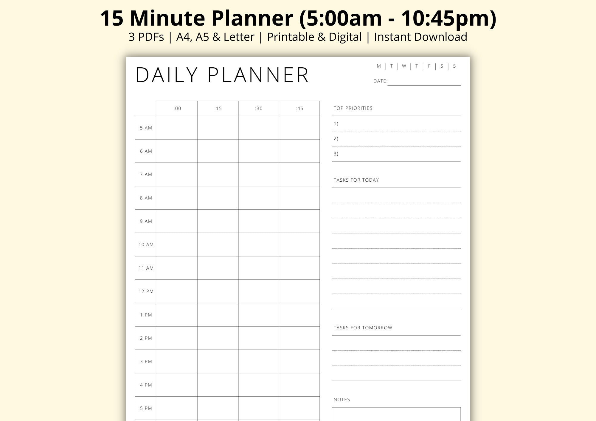 15 Minute Planner, Printable Daily Planner, Time Blocking, Day Schedule ...