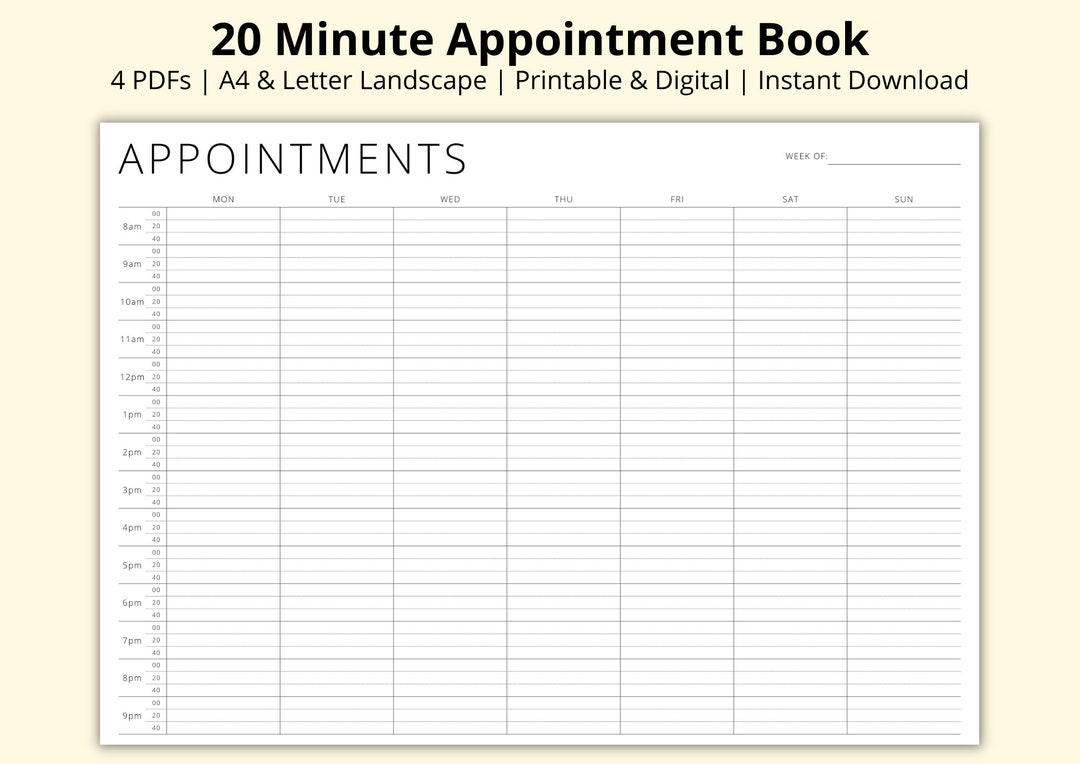 20 Minute Appointment Book, 20 Min Interval Planner Template, Weekly Appointment Sheet, Client ...