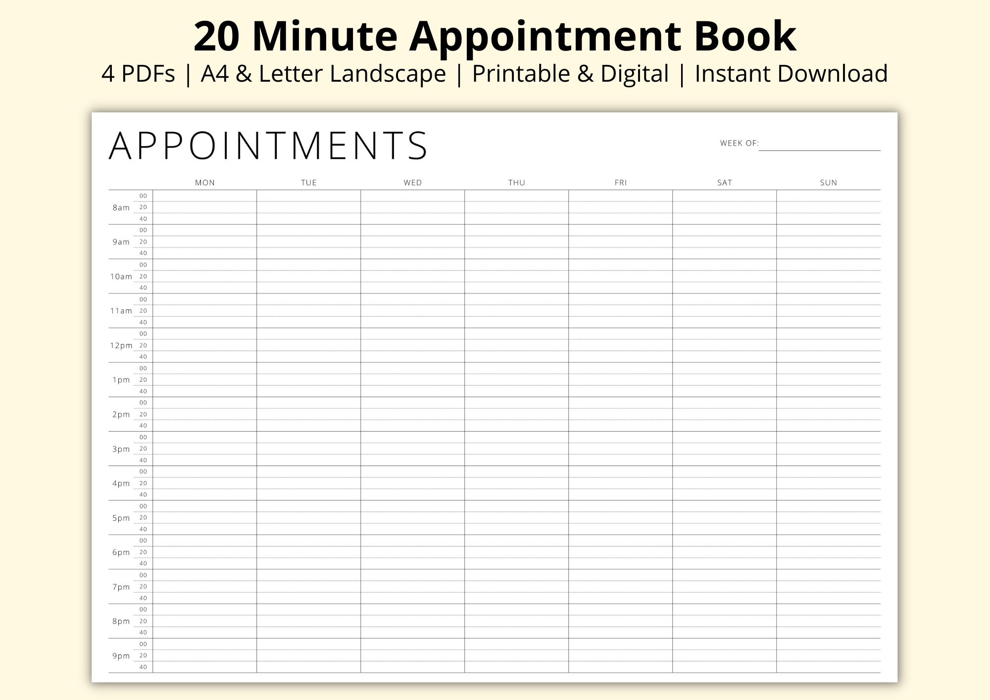 20 Minute Appointment Book, 20 Min Interval Planner Template, Weekly ...
