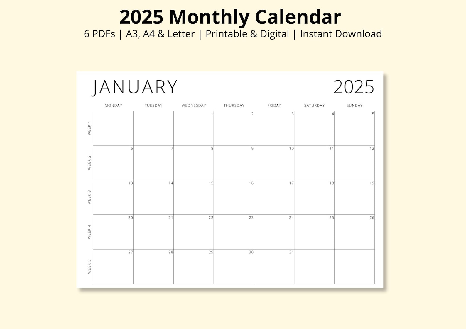 2025 Monthly Calendar With Week Numbers, 2025 Planner, Month at a ...