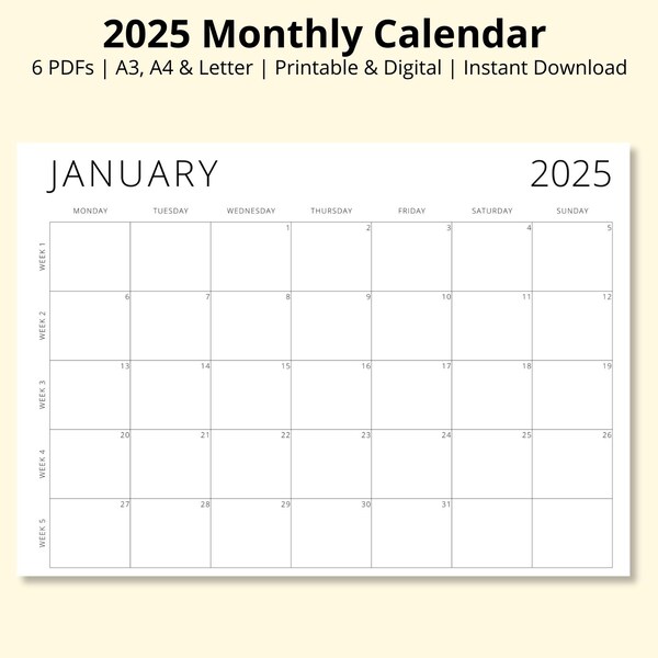 2025 Calendar With Week Numbers - Etsy