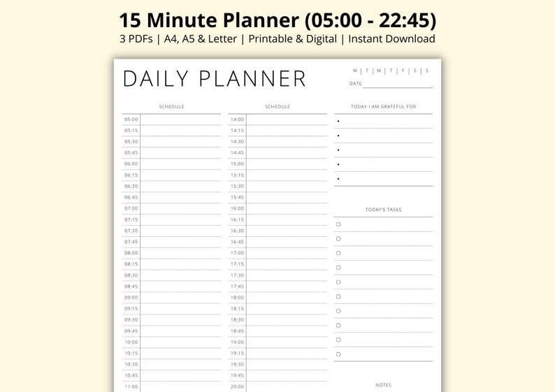 15 Minute Planner, Daily Time Blocking PDF, 15 Minute Interval, Day ...
