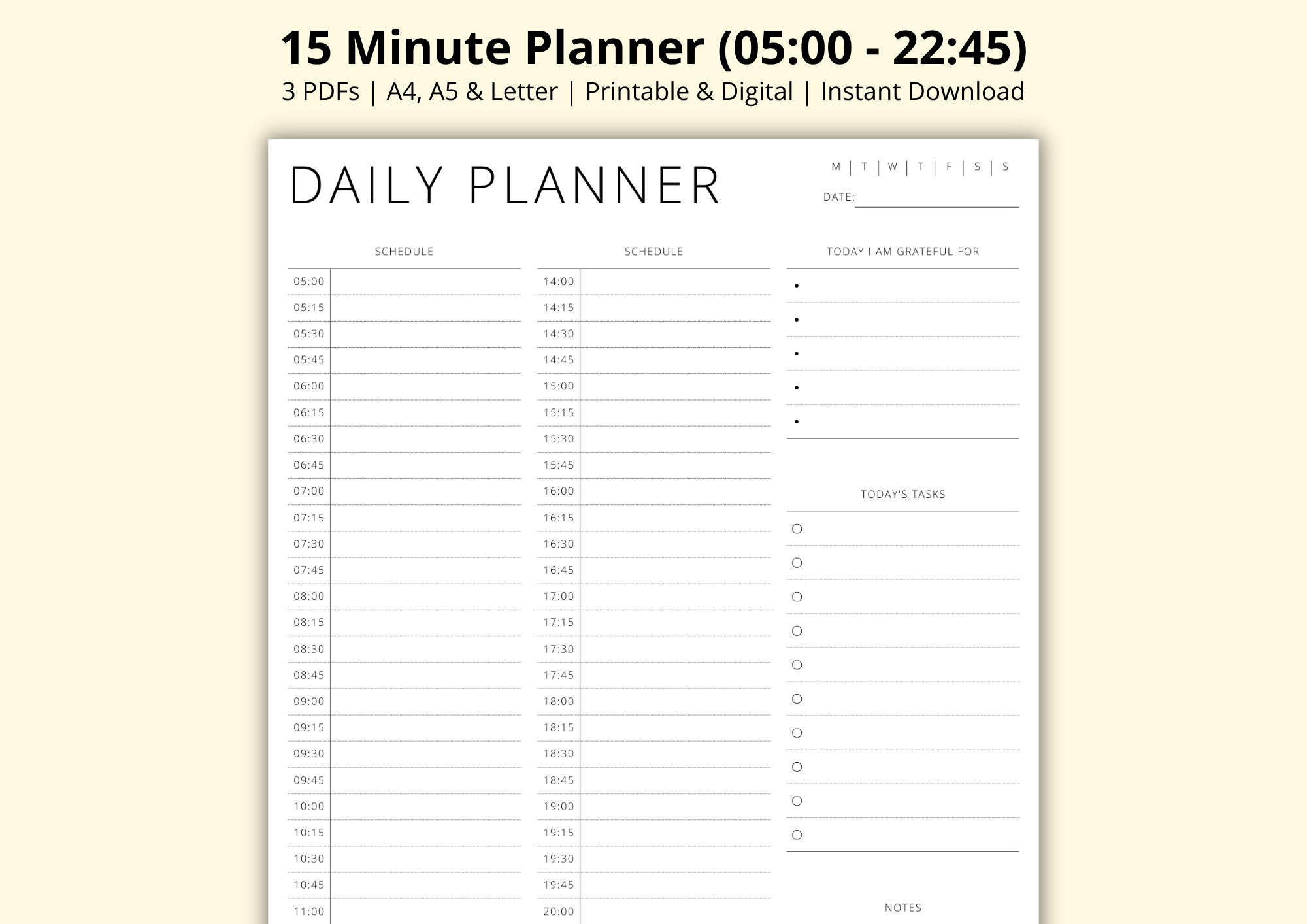 15 Minute Planner, Daily Time Blocking PDF, 15 Minute Interval, Day ...