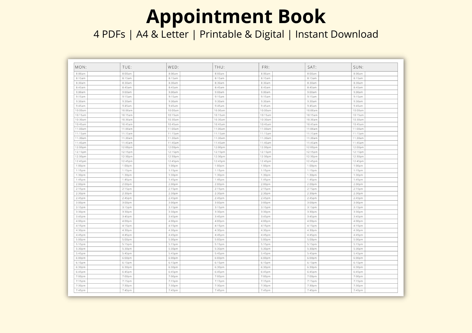 Appointment Book 15 Minute Increment Weekly Planner Template 7 Day Schedule Appointment Diary