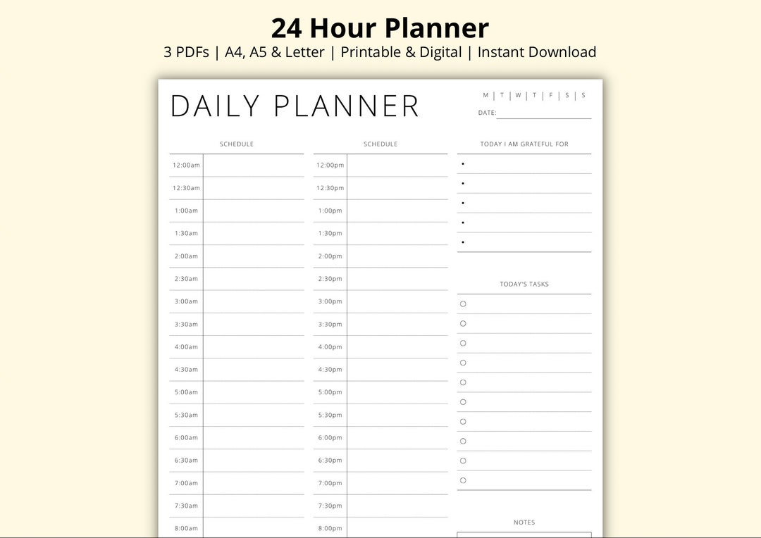 24 Hour Planner, 30 Minute Intervals, Daily Planner, Time Blocking ...