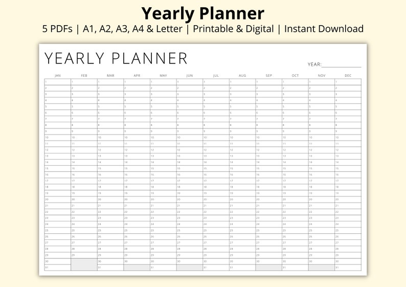 Yearly Planner, Year at a Glance, Blank Perpetual Calendar, 12 Month ...