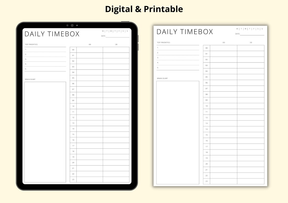 Timebox Template, 24 Hour Daily Schedule, Time Blocking, 30 Minute ...
