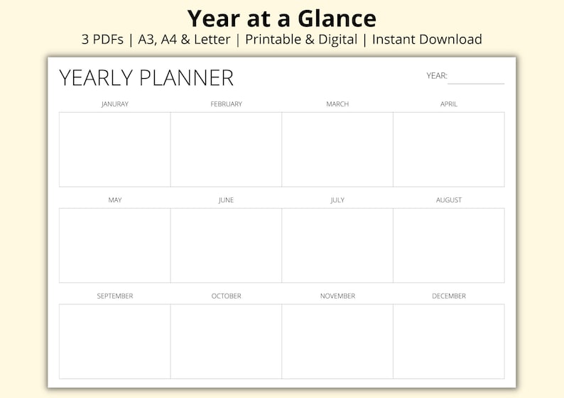 Year at a Glance, Yearly Overview, Yearly Planner, Blank Annual Planner ...