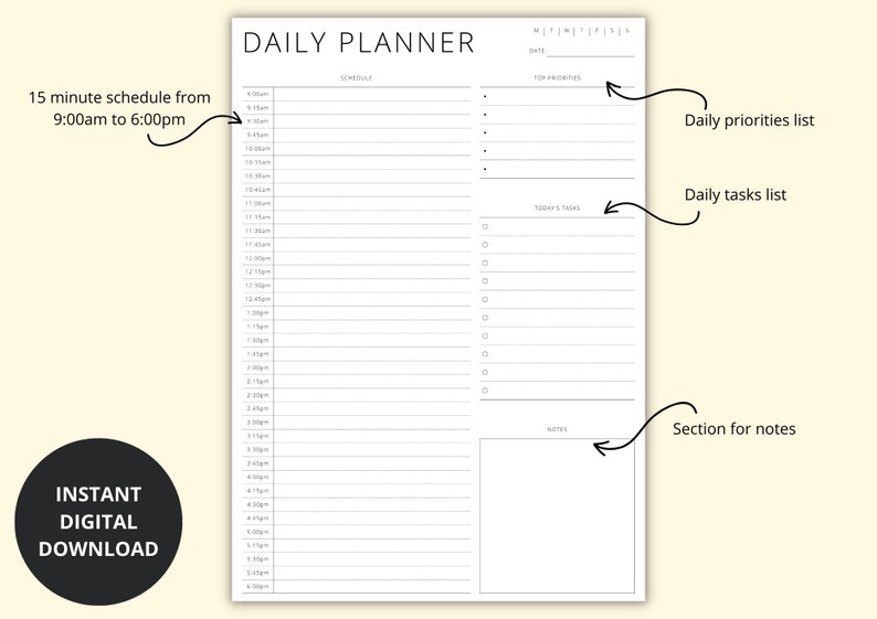 15 Minute Planner Printable, Time Blocking PDF, Day Schedule Template ...