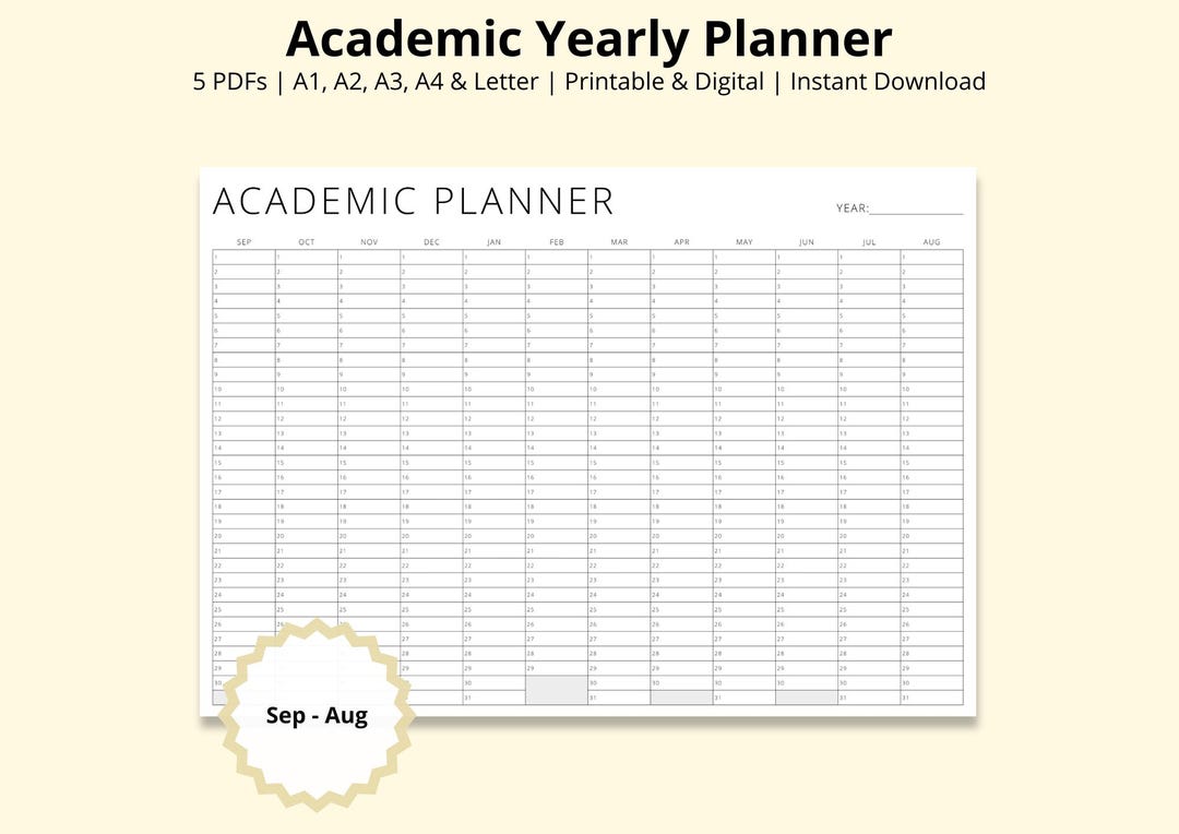 Academic Yearly Planner, School Year at a Glance, Blank Perpetual ...