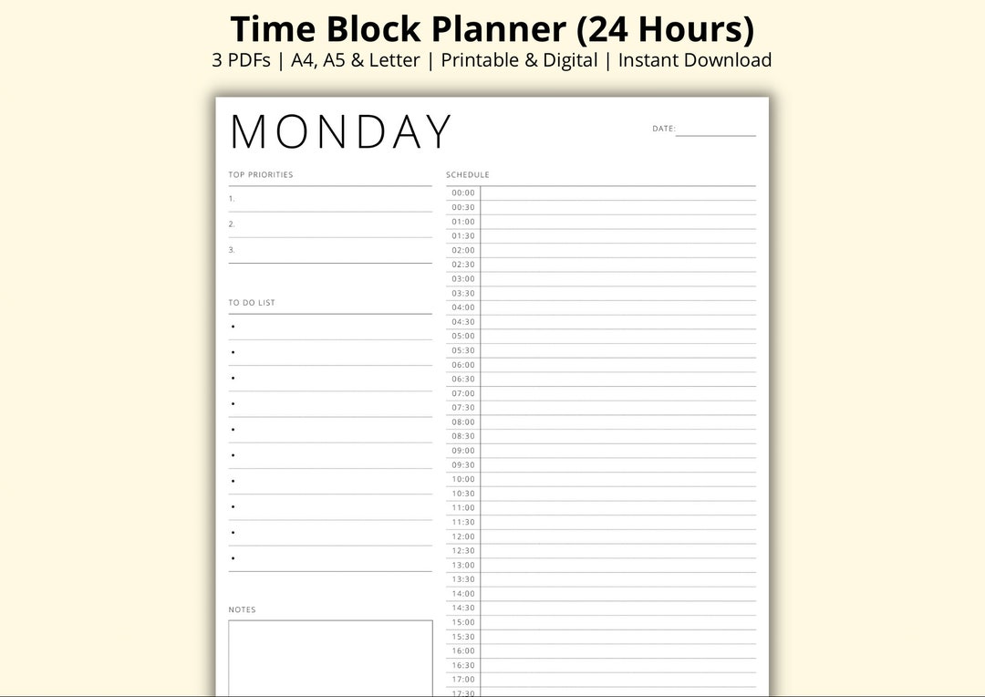 Time Block Planner Template, Daily Planner, 7 Day Planner, 24 Hour Schedule, Half Hour Interval ...